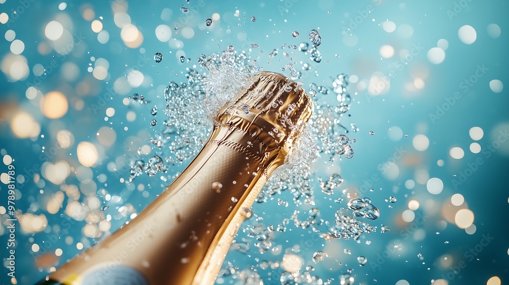 A champagne bottle popping open, releasing a stream of sparkling ...