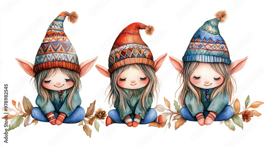 Cute Boho Christmas elf clipart featuring three whimsical elves with ...