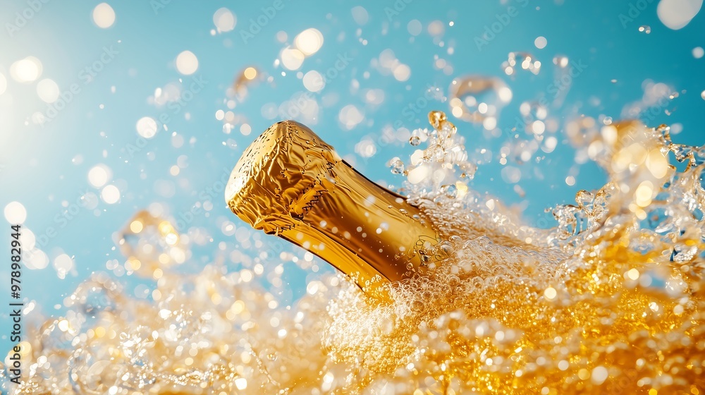A champagne bottle popping open, releasing a stream of sparkling ...