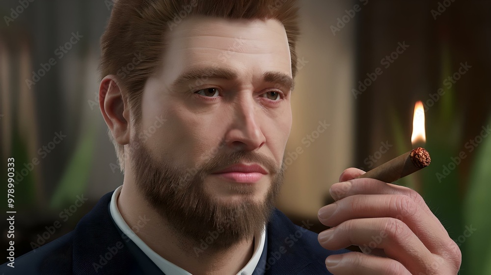 Rugged Game Character Smoking a Cigar in a Realistic 3D Adventure Scene ...