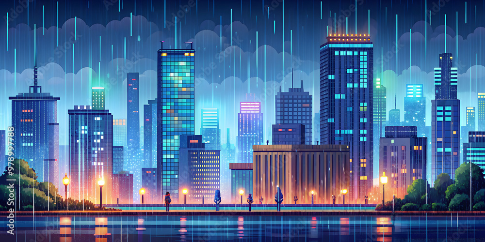 Pixel art style of a modern urban city with rain falling, pixel art ...