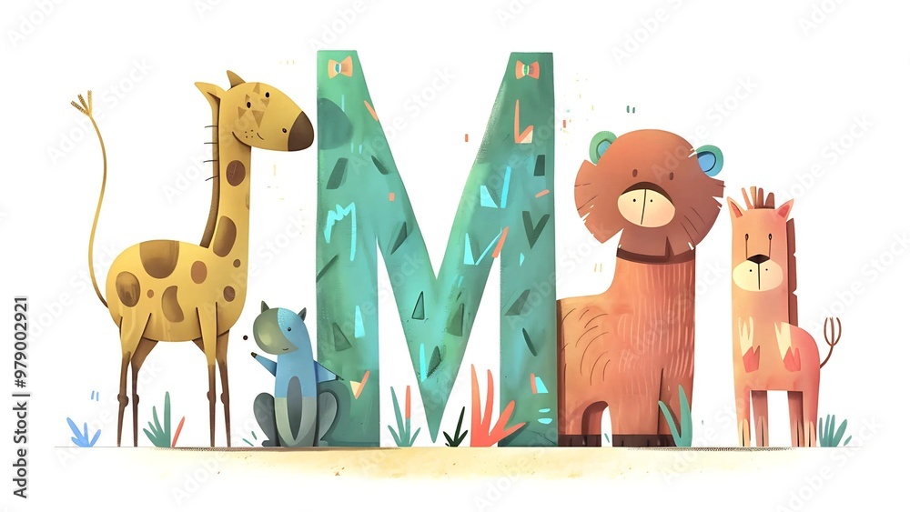 Adorable Cartoon Jungle Animals with the Letter M - Cute Illustration ...
