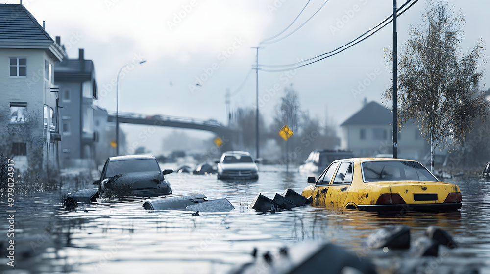 A devastating flood engulfs a city street, submerging cars and ...
