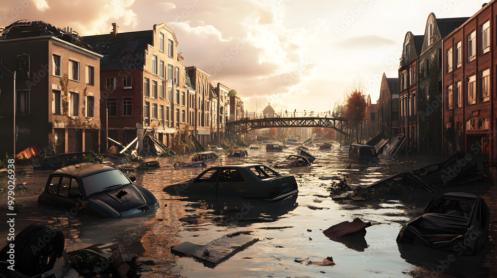 A devastating flood engulfs a city street, submerging cars and ...