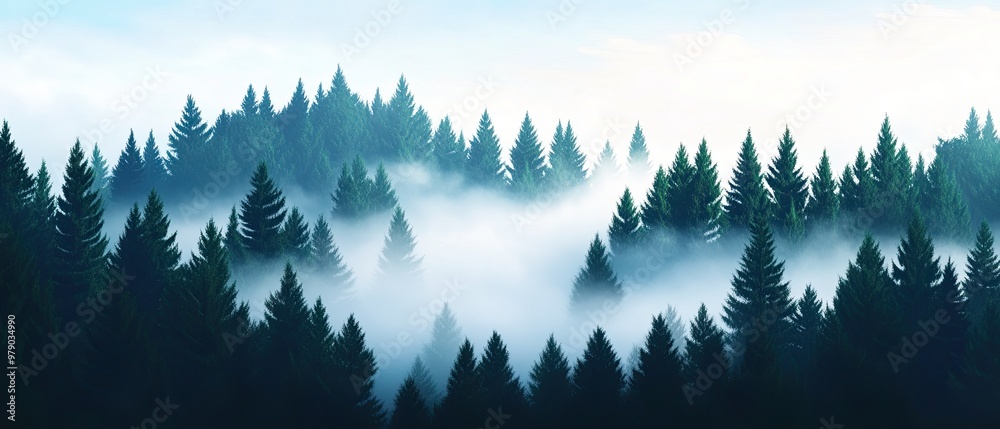 Misty forest with towering pine trees bathed in a soft morning glow ...