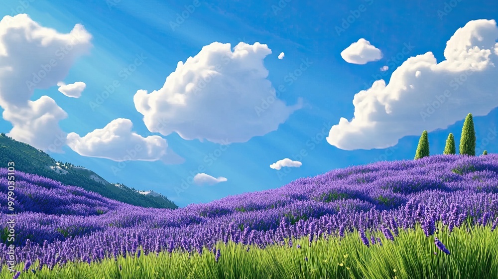 Vibrant lavender fields stretching under a bright summer sky simple 2D ...