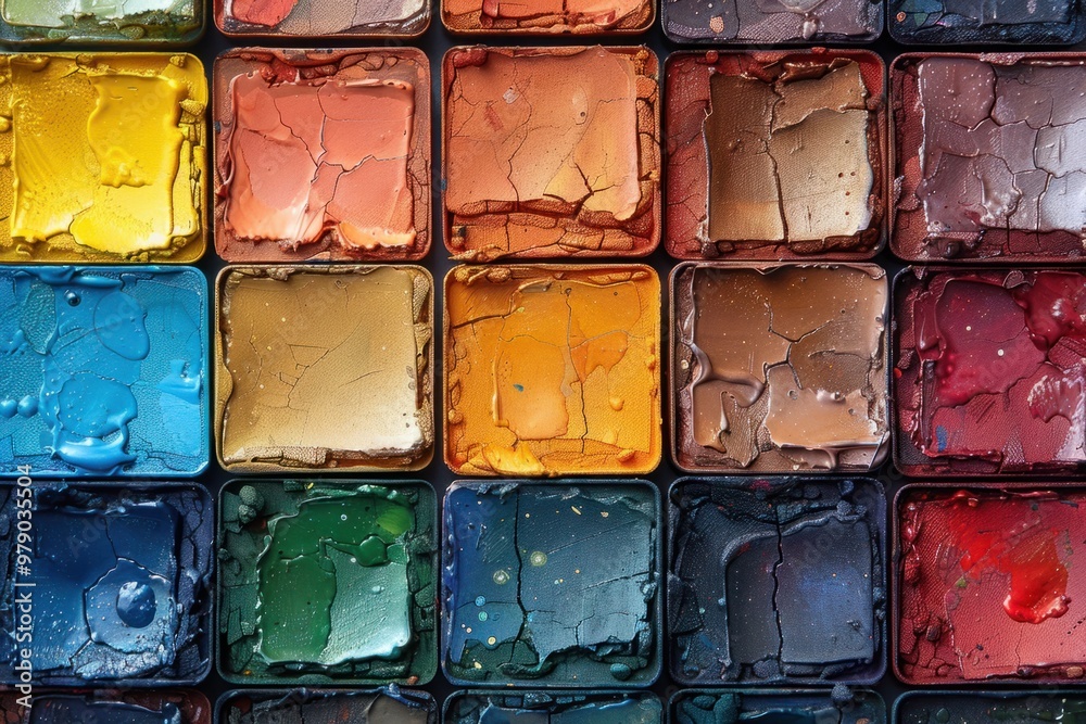 Vibrant watercolor paint squares arranged in a grid showcasing a ...
