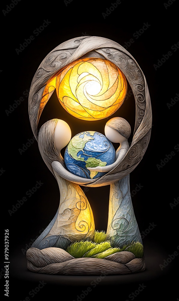 Abstract sculpture of three figures holding a globe, representing unity ...