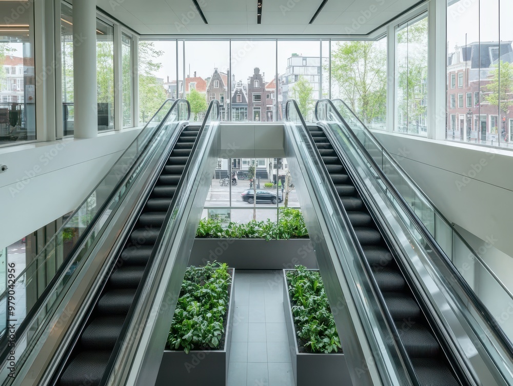 A large building with two escalators and a green plant in the middle ...