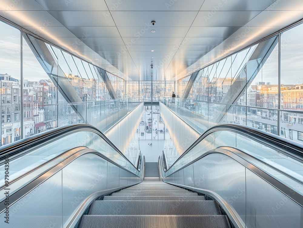 A large, empty, modern building with a glass ceiling and escalators. The escalators are on the ...