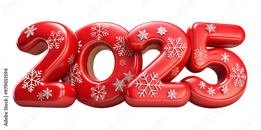 3D render red cut out numbers 2025 with snowflakes pattern laying on ...