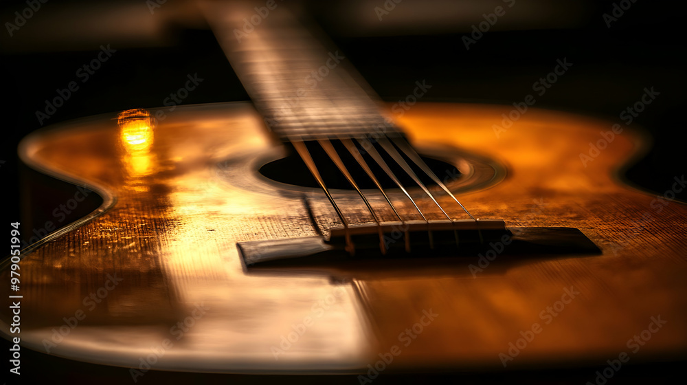 A Close-Up View of a Worn Acoustic Guitar with Strings, Bridge, and ...