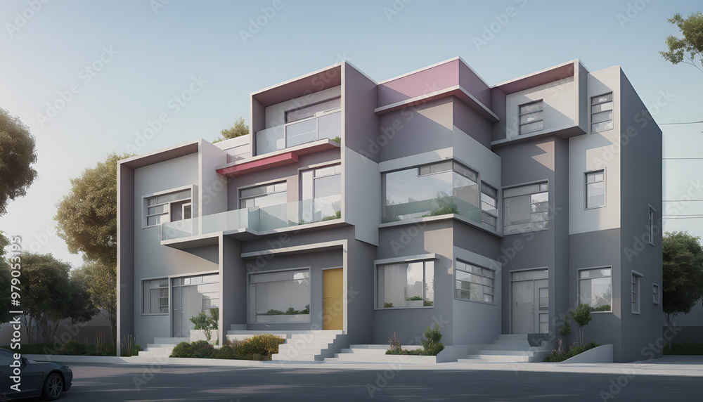 Illustrative frontal view of a new, modern and clearly architecturally ...