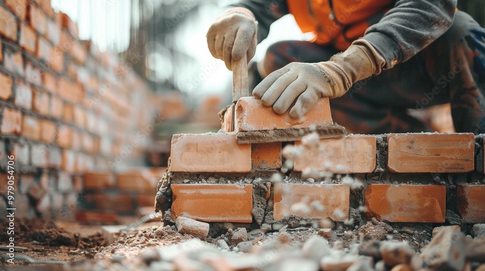 Image shows worker on construction site handling bricks with safety ...