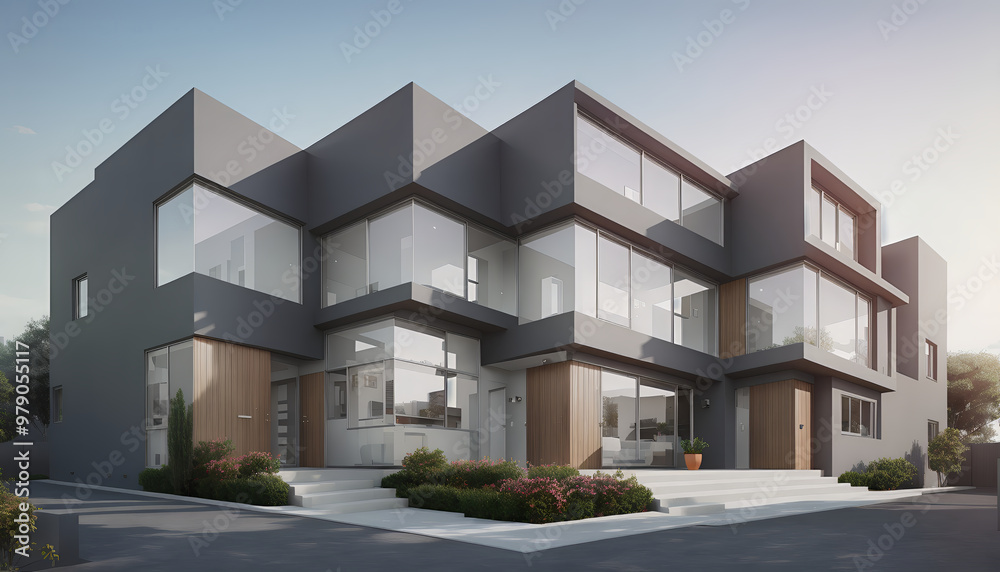 Illustrative frontal view of a new, modern and clearly architecturally ...