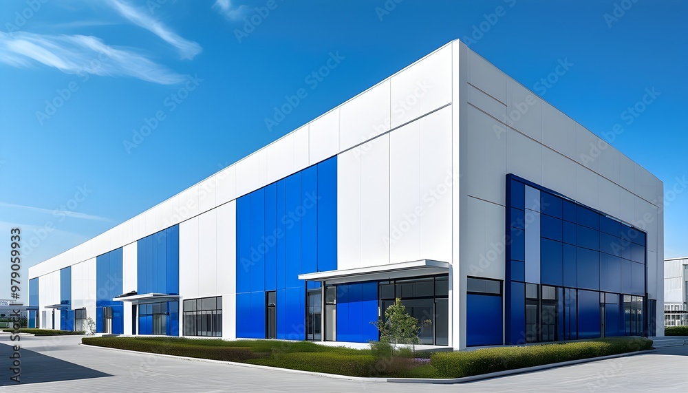 Modern factory building in white and blue under an epic sky blue ...