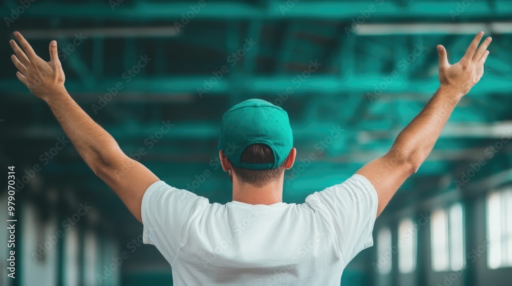 Frustrated and agitated male figure raising his hands up in the air ...