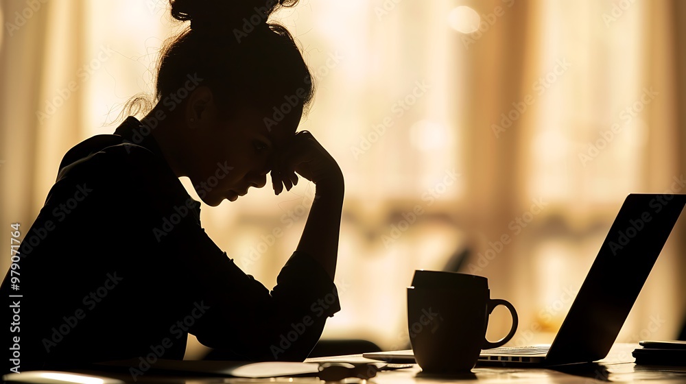 Silhouette of sad woman sitting at desk with laptop and coffee mug ...