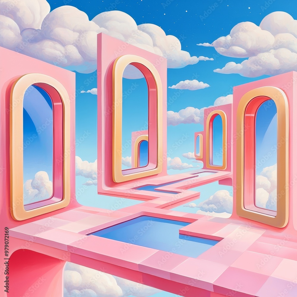 Illustrate a surreal world where browser windows float in the sky ...