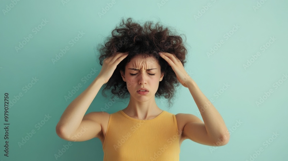 Portrait of a distressed overwhelmed woman pulling her hair in with ...