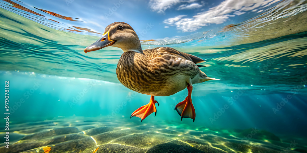 Underwater view of duck's webbed feet paddling gracefully on the water ...