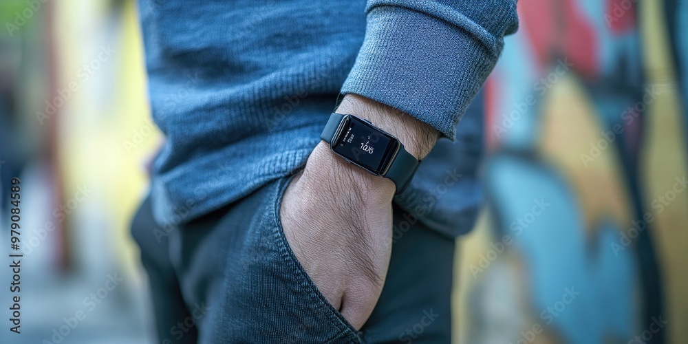 A fitness tracker worn on the wrist, showing real-time statistics on ...
