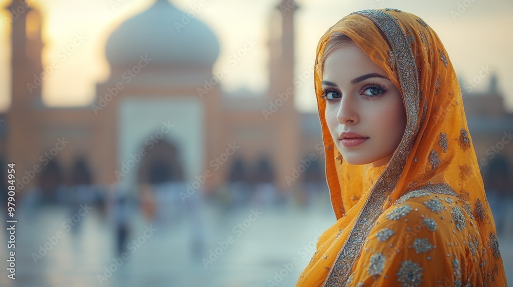 An elegant Pakistani woman in a shalwar kameez, standing by the ...
