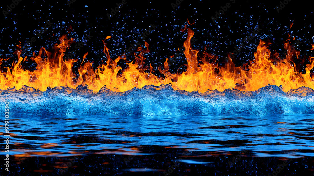 Fiery Flames Dance Above a Rushing Wave of Blue Water, Creating a ...