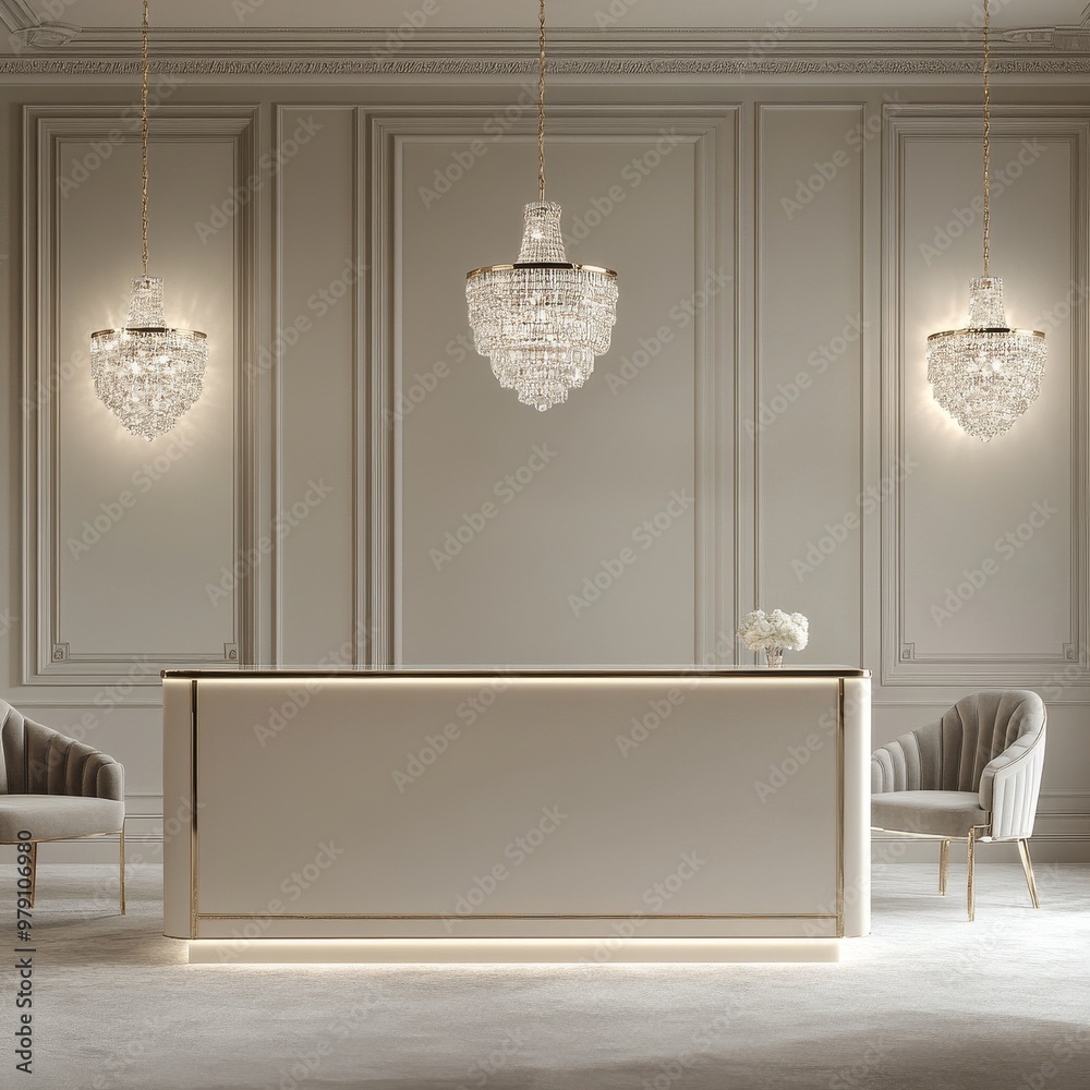 A simple, rectangular reception desk made from high-gloss lacquered ...