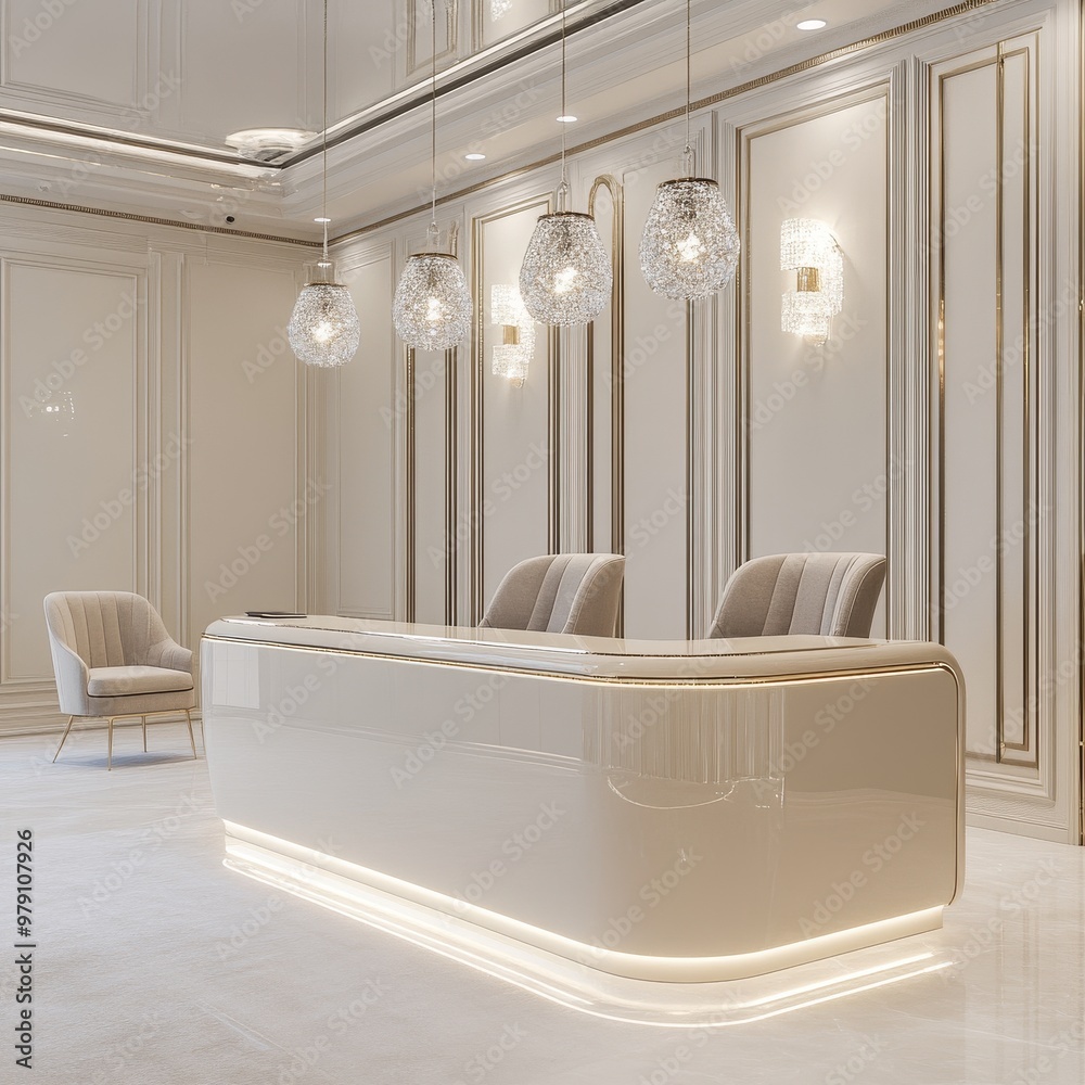 A simple, rectangular reception desk made from high-gloss lacquered ...