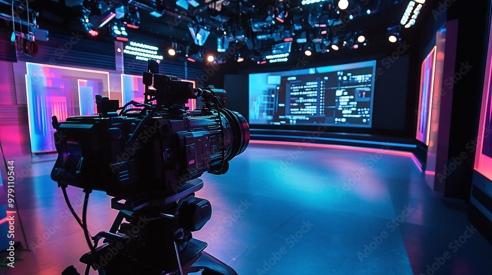Camera setup in a professional television studio, capturing the vibrant ...