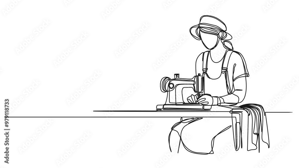 animated continuous single line drawing of woman using sewing machine ...