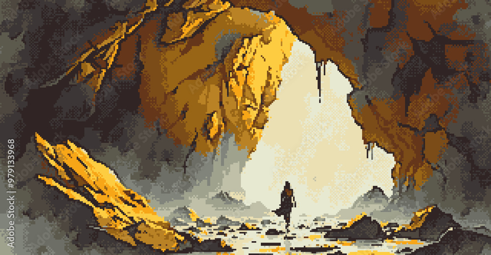 Character walks out of a cave, Sense of relief and fantasy, Pixel art ...