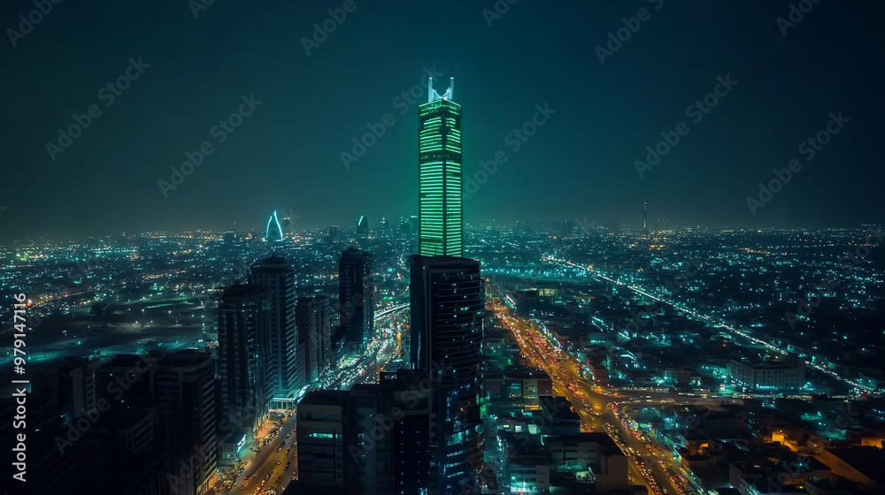Dramatic night view of the Saudi Arabia skyline with iconic buildings ...