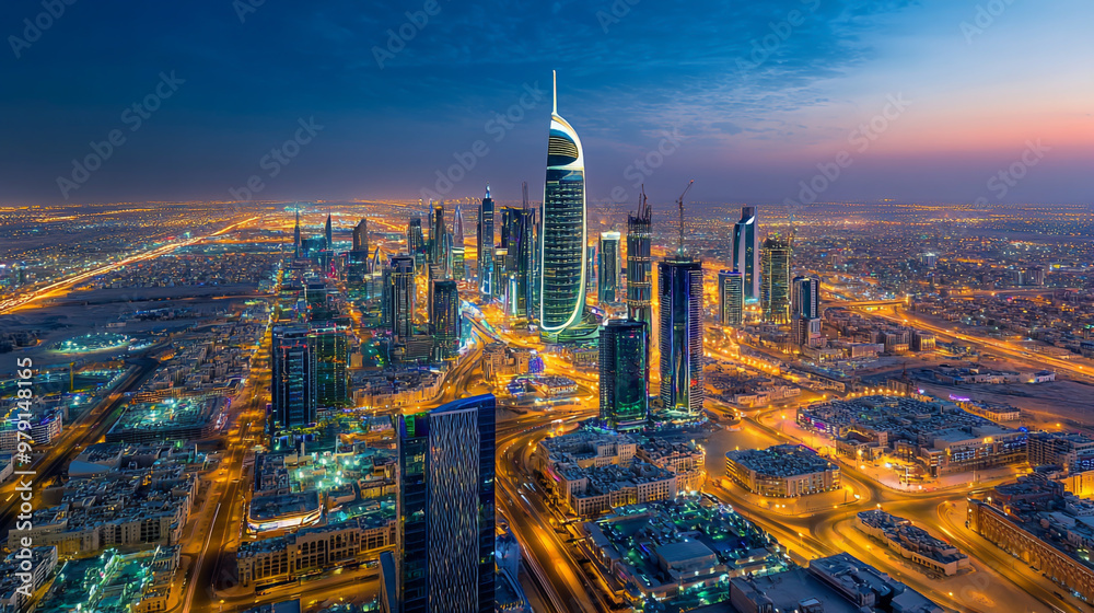 Dramatic night view of the Saudi Arabia skyline with iconic buildings ...