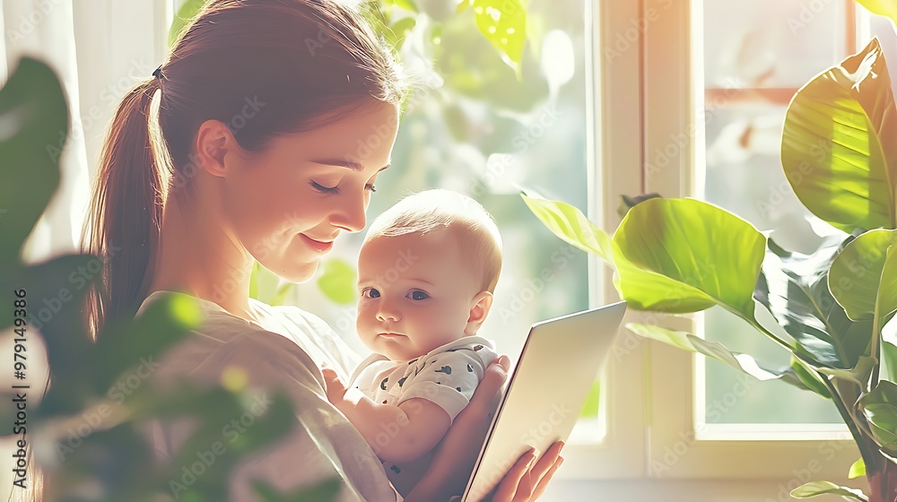 Scene of a mother working remotely with a baby in her arms, modern home ...