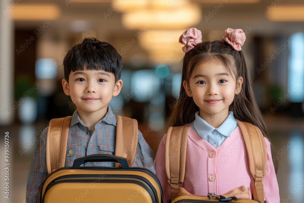 Happy Family Arriving at Hotel Lobby, Welcomed by Friendly Staff A ...