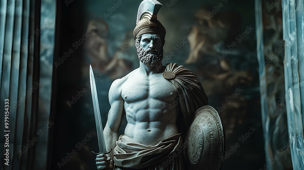 Ancient Greek statue of Greek god Ares, god of war and battle, depicted ...