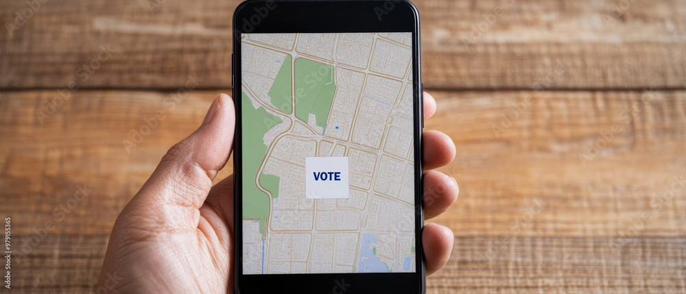 A close-up of a finger pointing at a polling place on a digital map ...