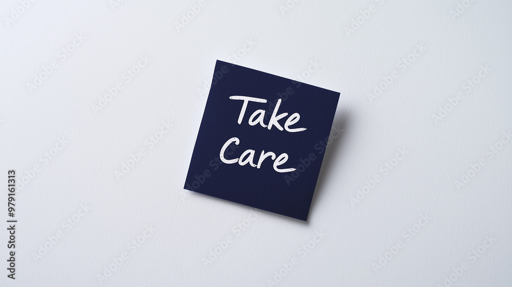Sticky Note: A single navy blue sticky note with the words "Take Care ...