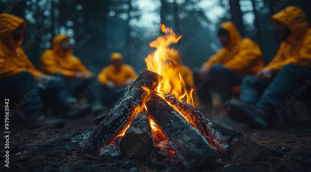 Campfire, people sitting around the campfire in nature on a summer ...