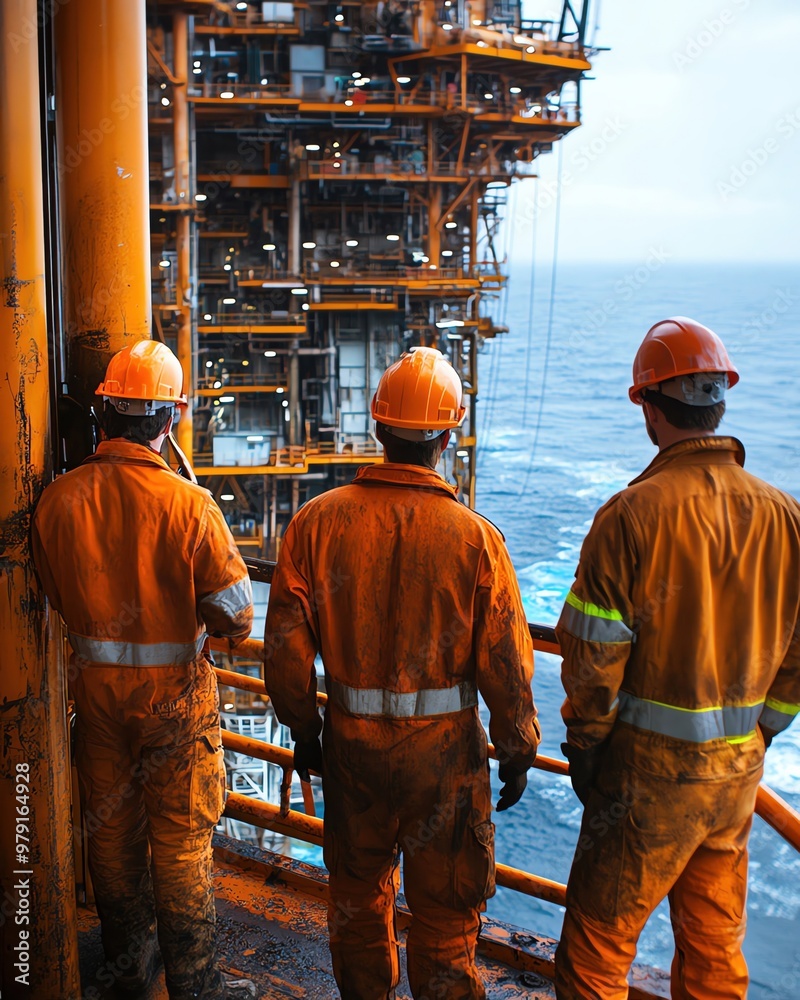 Three workers in orange uniforms and hard hats on an offshore oil rig ...
