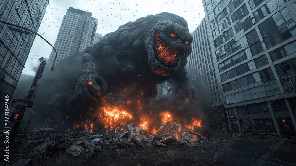 A massive monster with a fiery mouth and glowing eyes rampages through ...