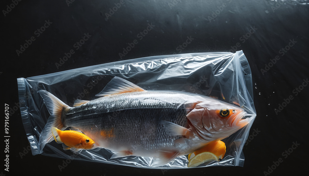 Illustrative representation of fish in water wrapped in plastic foil ...
