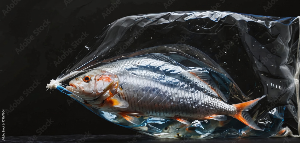 Illustrative representation of fish in water wrapped in plastic foil ...