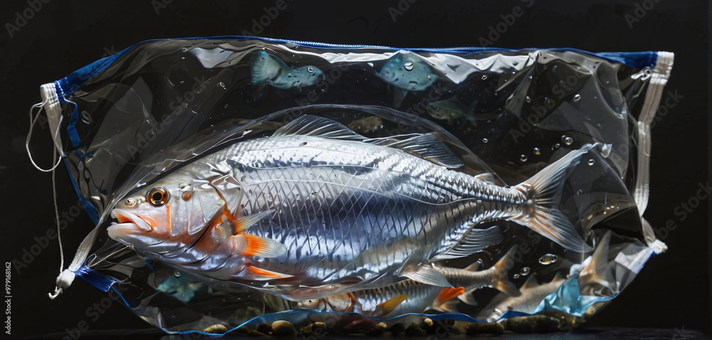 Illustrative representation of fish in water wrapped in plastic foil ...