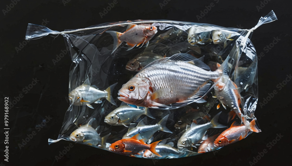 Illustrative representation of fish in water wrapped in plastic foil ...