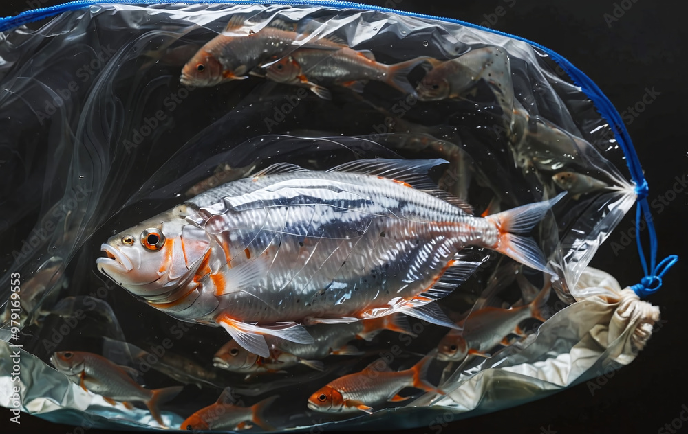 Illustrative representation of fish in water wrapped in plastic foil ...