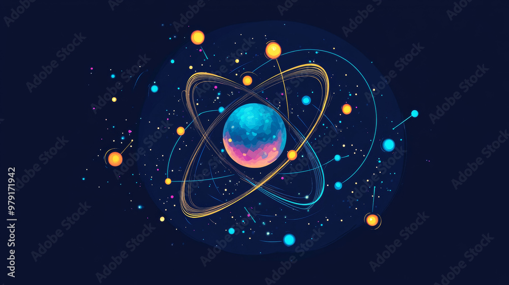 Atom diagram with nucleus, protons, neutrons, electrons on dark blue ...