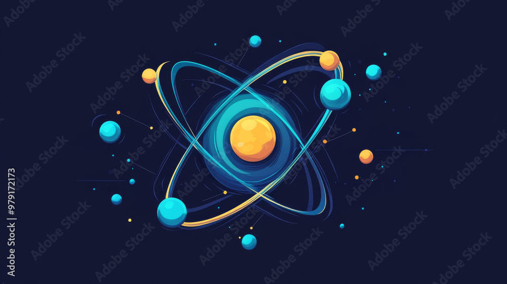 Atom diagram with nucleus, protons, neutrons, electrons on dark blue ...